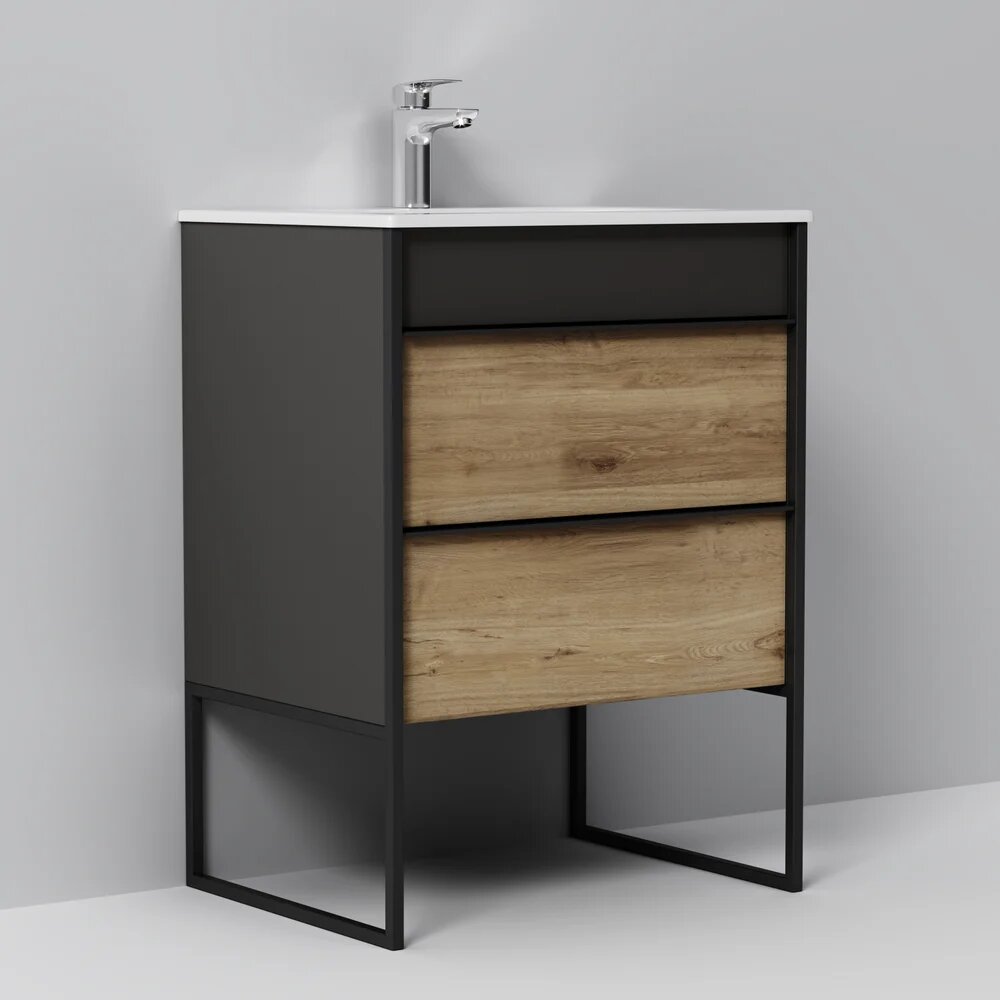 Тумба с раковиной STWORKI Гриндстед 60 подвесная, напольная, 61, 5 см, светлое дерево, матовая, из ЛДСП, с ящиками, раковина для ванной, фаянсовая, прямоугольная, встроенный слив-перелив, с сифоном, л