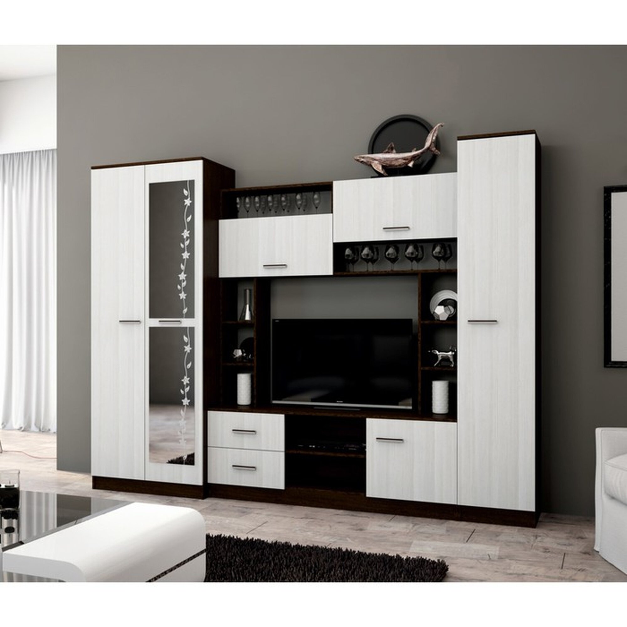 Гостиная Сима-ленд «Марта», ЛДСП, цвет венге/лоредо, с зеркалом, 2700x500x2100 мм