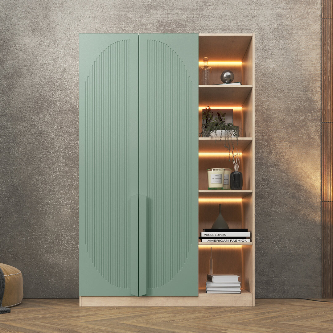 Шкаф Агератум МДФ двухсекционный с стеллажом Лайн шалфей / Дуб Сонома NOW 150*60*200 см Фиеста