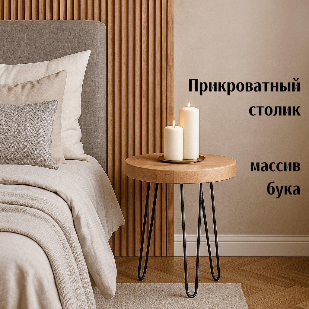 Столик прикроватный, круглый, декоративный из массива дерева 32.5 см