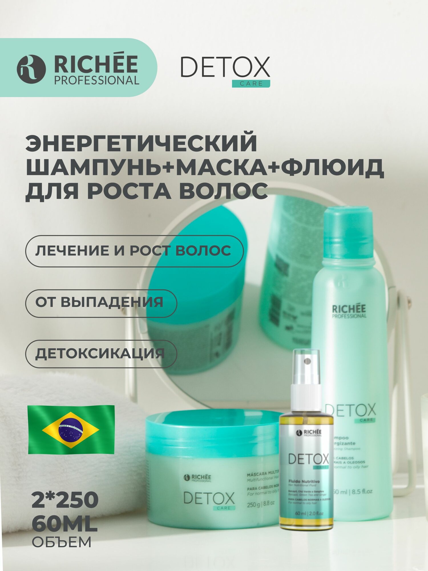 Richee Professional Detox Care Набор домашний: Шампунь 250мл; Маска 250г; Флюид 60мл