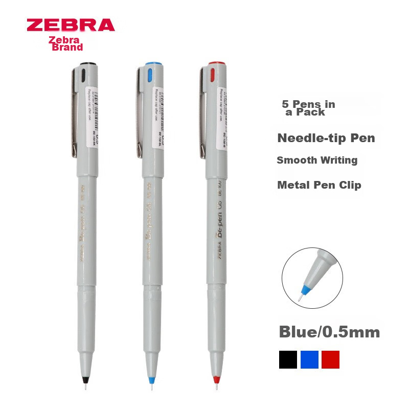 ZEBRA Brand Neutral Pen, 0.5mm, Conference Signing Pen, Student Marker Pen, Water-Based Pen, BE-100, Blue, 5-Pack