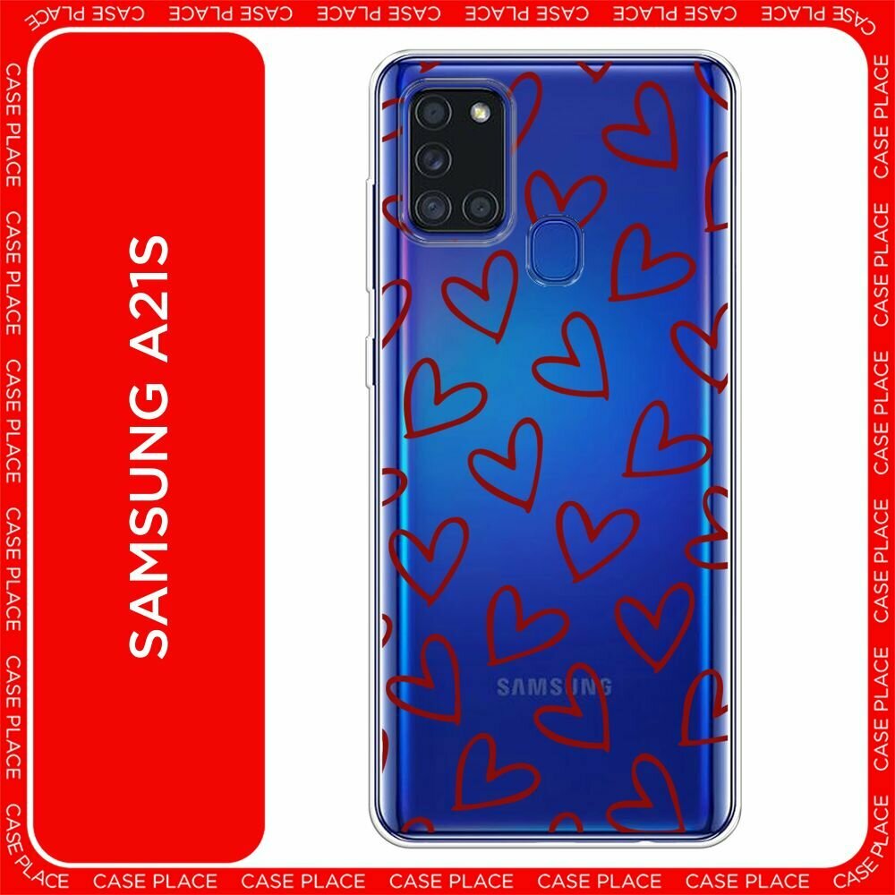 Чехол на Samsung Galaxy A21s / Самсунг Галакси A21s с принтом "Little hearts doodles 2 - 14 февраля", прозрачный