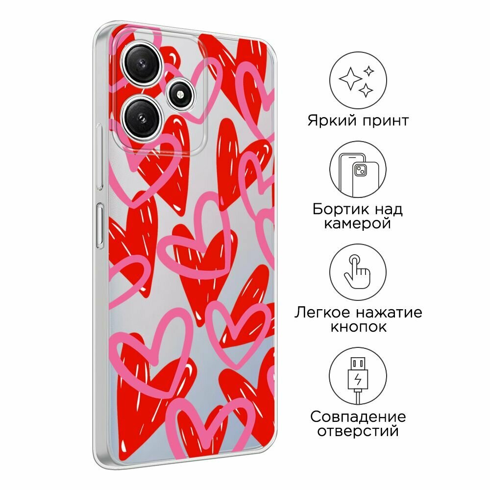 Чехол на Xiaomi Redmi 12 5G / Сяоми Редми 12 5G с принтом "Hearts doodles - 14 февраля", прозрачный — фото 1