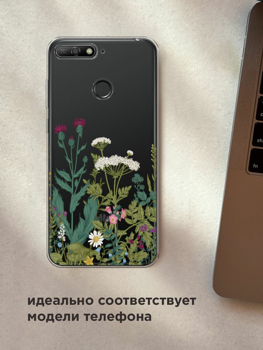 Чехол на Honor 7C/7A Pro/Huawei Y6 Prime 2018 / Хонор 7С/7А Про с принтом "Дикие полевые цветы", прозрачный — фото 1