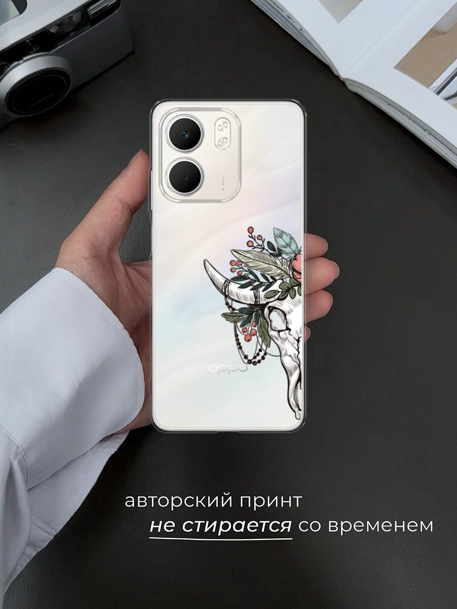 Чехол на Oppo A5x / Оппо А5x с принтом "Череп быка с цветами", прозрачный — фото 1