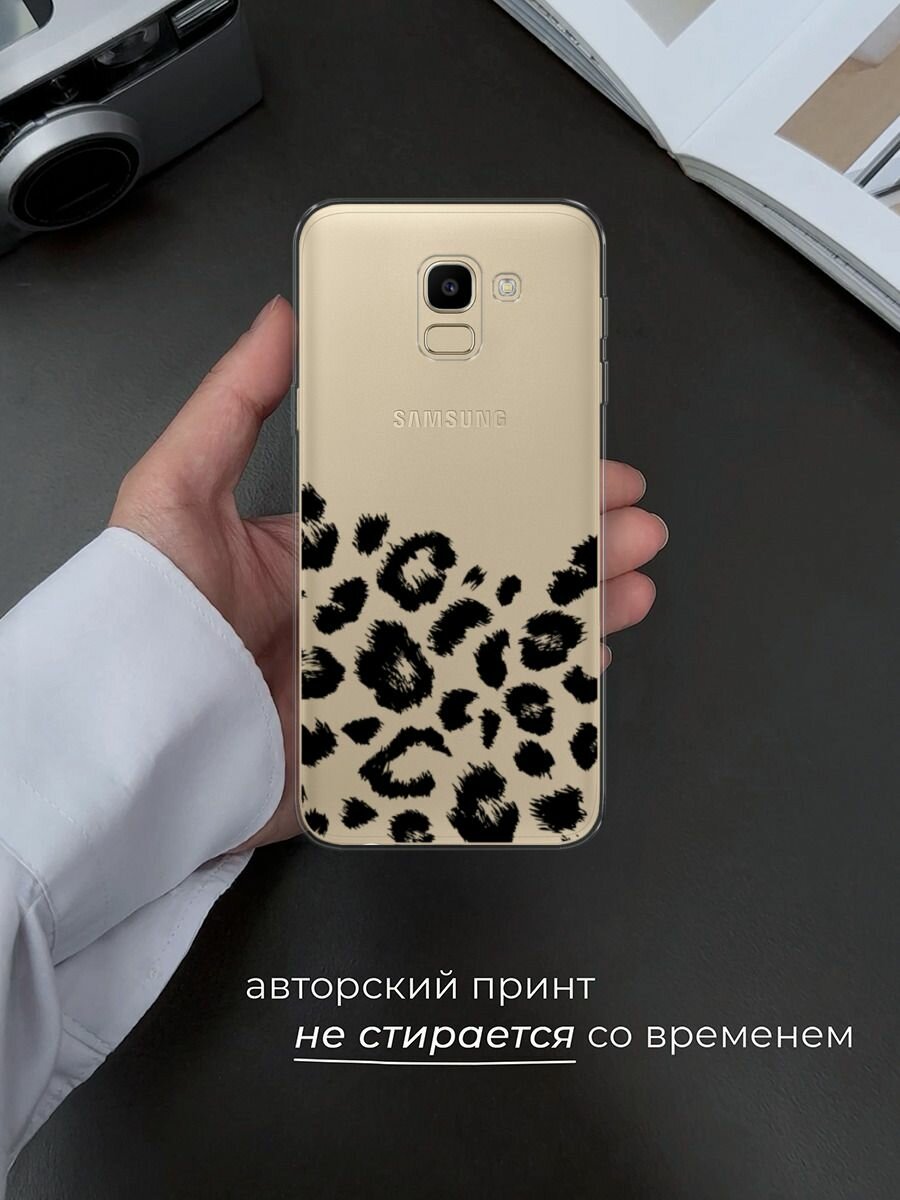 Чехол на Samsung Galaxy J6 2018 / Самсунг Галакси Джей 6 2018 с принтом "Окрас леопарда фон черный", прозрачный — фото 1