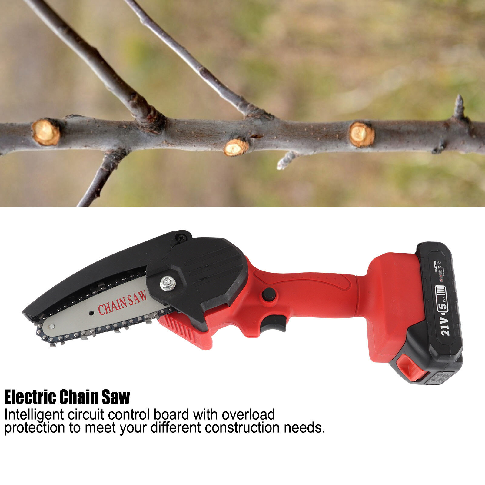 Электрическая цепная пила, красный мини-ручной перезаряжаемый мощный инструмент для валки деревьев на открытом воздухе, вилка стандарта США, 100–240 В переменного тока