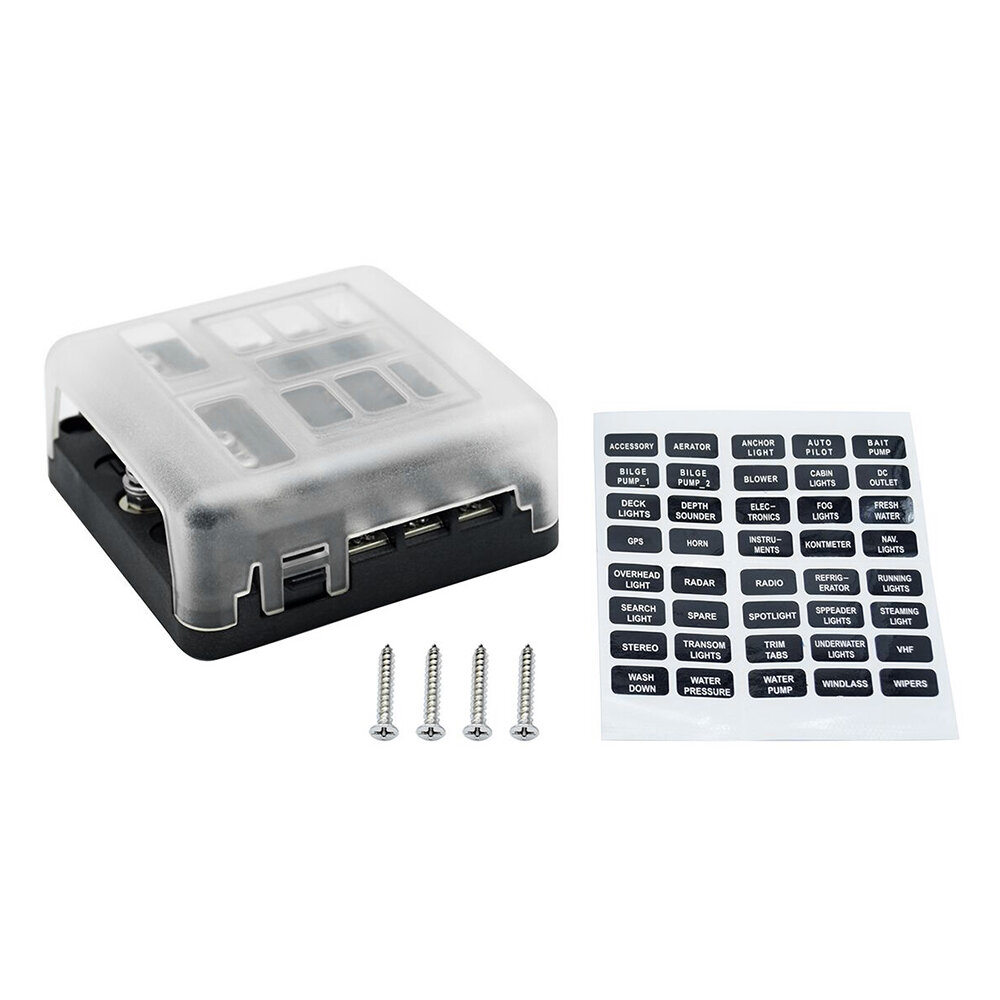 6-канальный блок предохранителей ATC/ATO для авто, морских судов, триков, 12V 32V, с общим шиной 10-32UNF, выход 30A, вход макс. 100A, 4 отверстия для монтажа 5.5mm, под винты #10, база PBT, крышка PC, терминалы медь с никелевым покрытием, красный