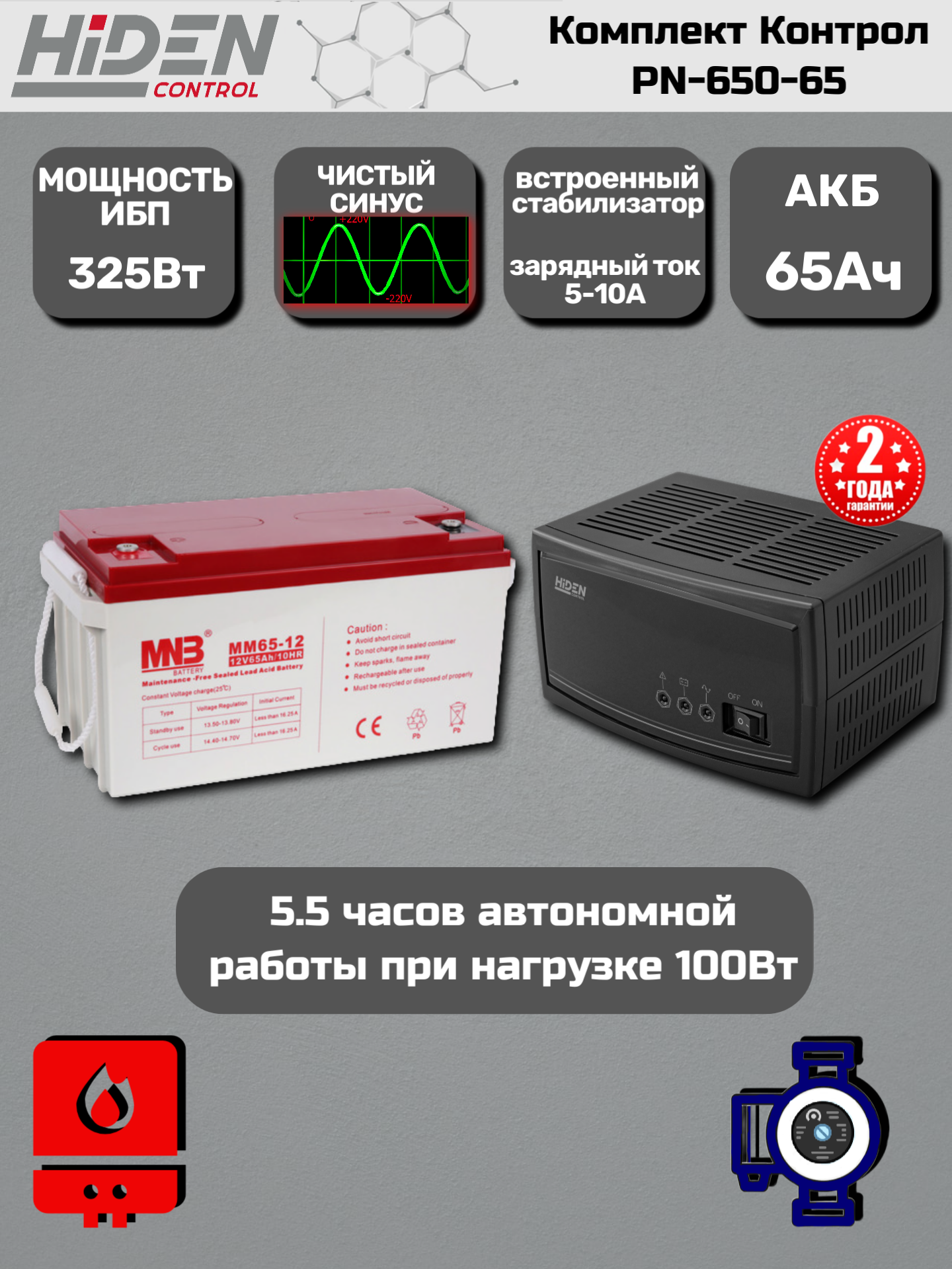 Комплект ИБП Контрол PN-650-65 для газового котла и циркуляционных насосов (325Вт, 65Ач)