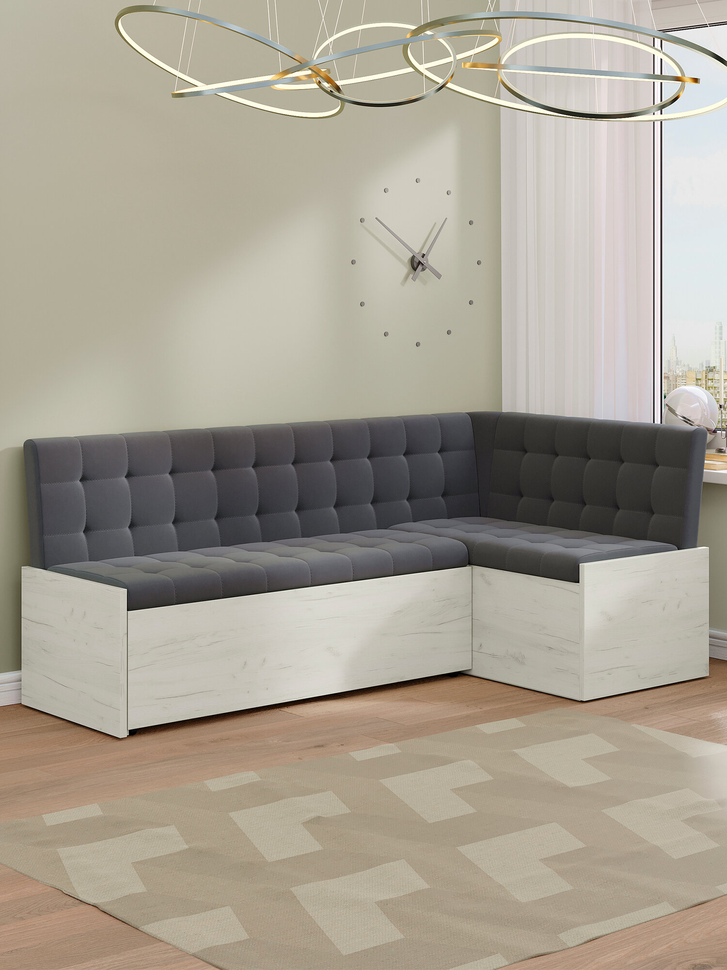 Кухонный уголок Скамья угловая со спальным местом Форест Дуб крафт белый/Велюр серый