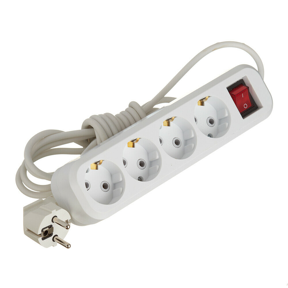 Удлинитель Stekker 4 розетки 3 м ПВС 3х0,75 кв. мм 10 А 2,2 кВт с кнопкой белый 39524