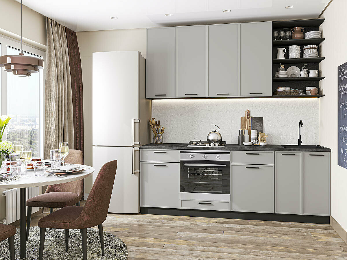 Готовый кухонный гарнитур со столешницей кухня Фрейм-02 Grey Silk, Graphite