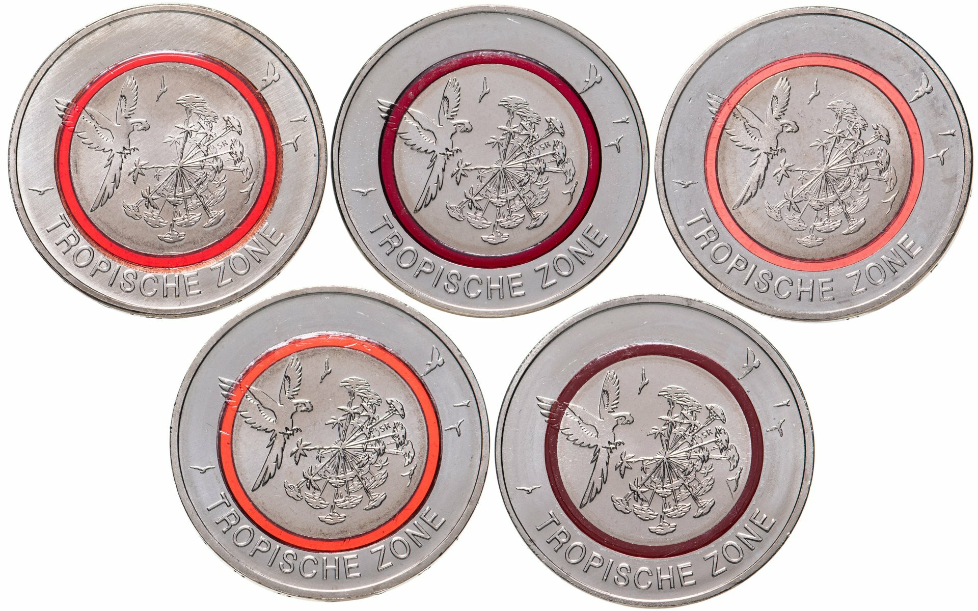 Германия 5 евро 2017 набор из 5-ти монет "Климатические зоны: Тропическая зона" все монетные дворы, Мельхиор медь-никель с вставкой из полимера