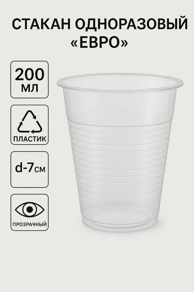 Стакан одноразовый Евро , 200 мл, пластик, d-7 см, прозрачный, упаковка 200 шт.