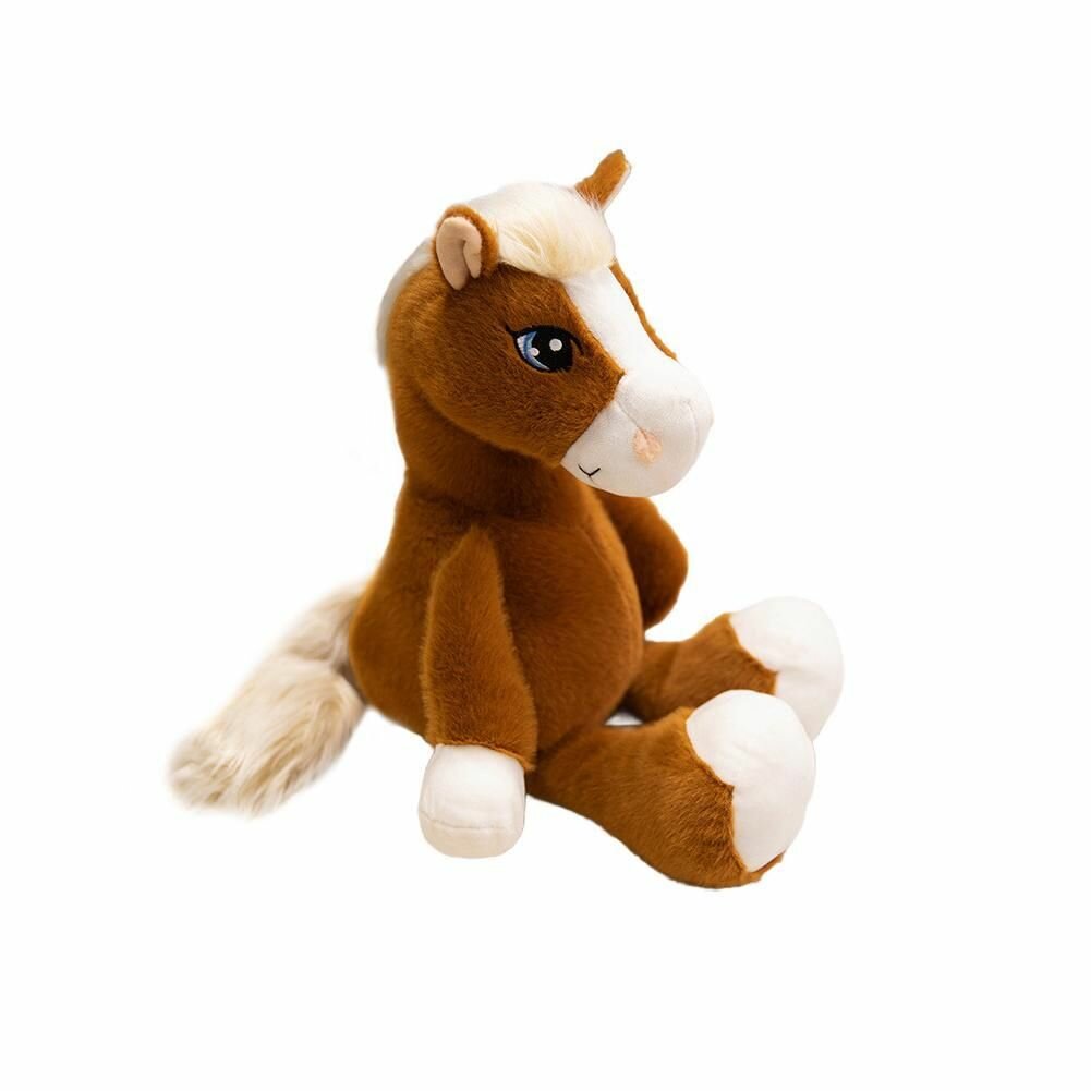 Плюшевая лошадка сидячая поза, реалистичная игрушка с большими глазами