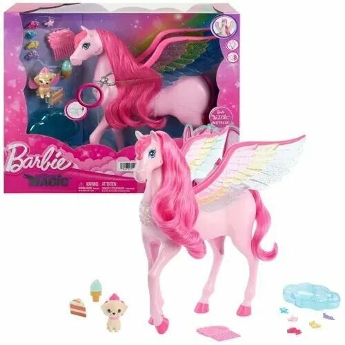 Barbie Розовый Пегас с 10 аксессуарами, включая щенка, игрушка крылатый конь, со светом и звуком, волшебное прикосновение HLC40