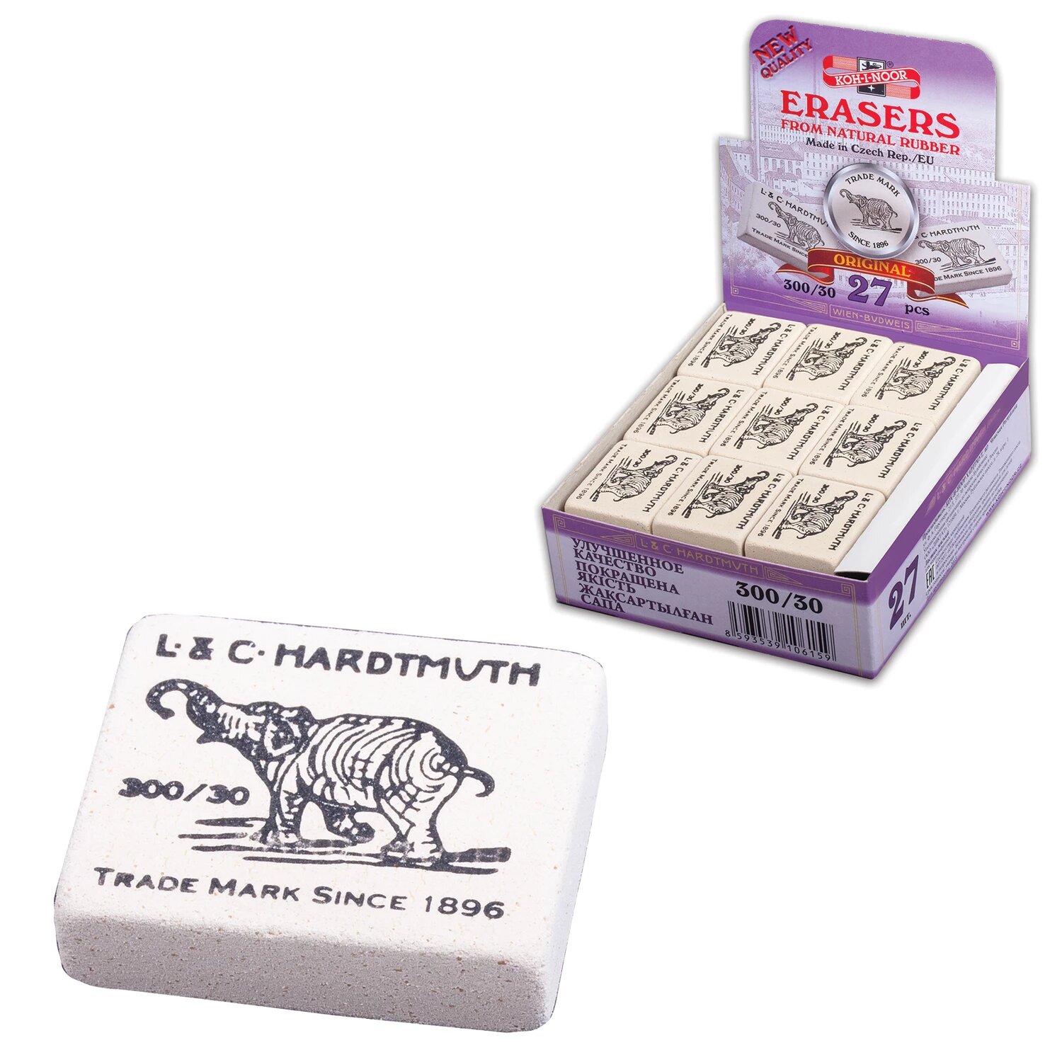 Ластик KOH-I-NOOR "Слон" 300/30, 35,528,510 мм, белый, прямоугольный, натуральный каучук, 0300030029KDRU, 6шт.