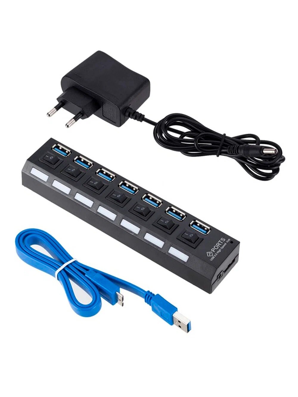 Hub USB 3.0 на 7 портов с выключателями + Блок питания в комплекте, USB разветвитель на 7 портов, USB-концентратор