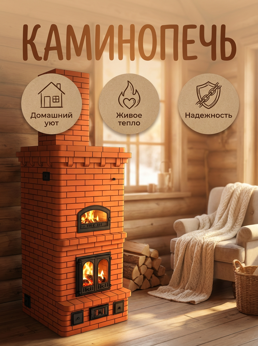 Проект Каминопечь для дома №89. Отопление до 60 кв. м. Хлебная и пироговая камера. Сборка своими руками