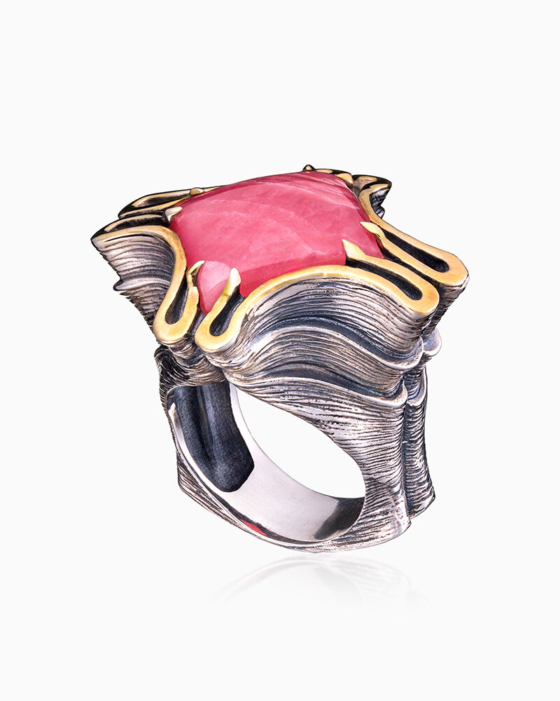Кольцо, серебро, 925 проба, родохрозит