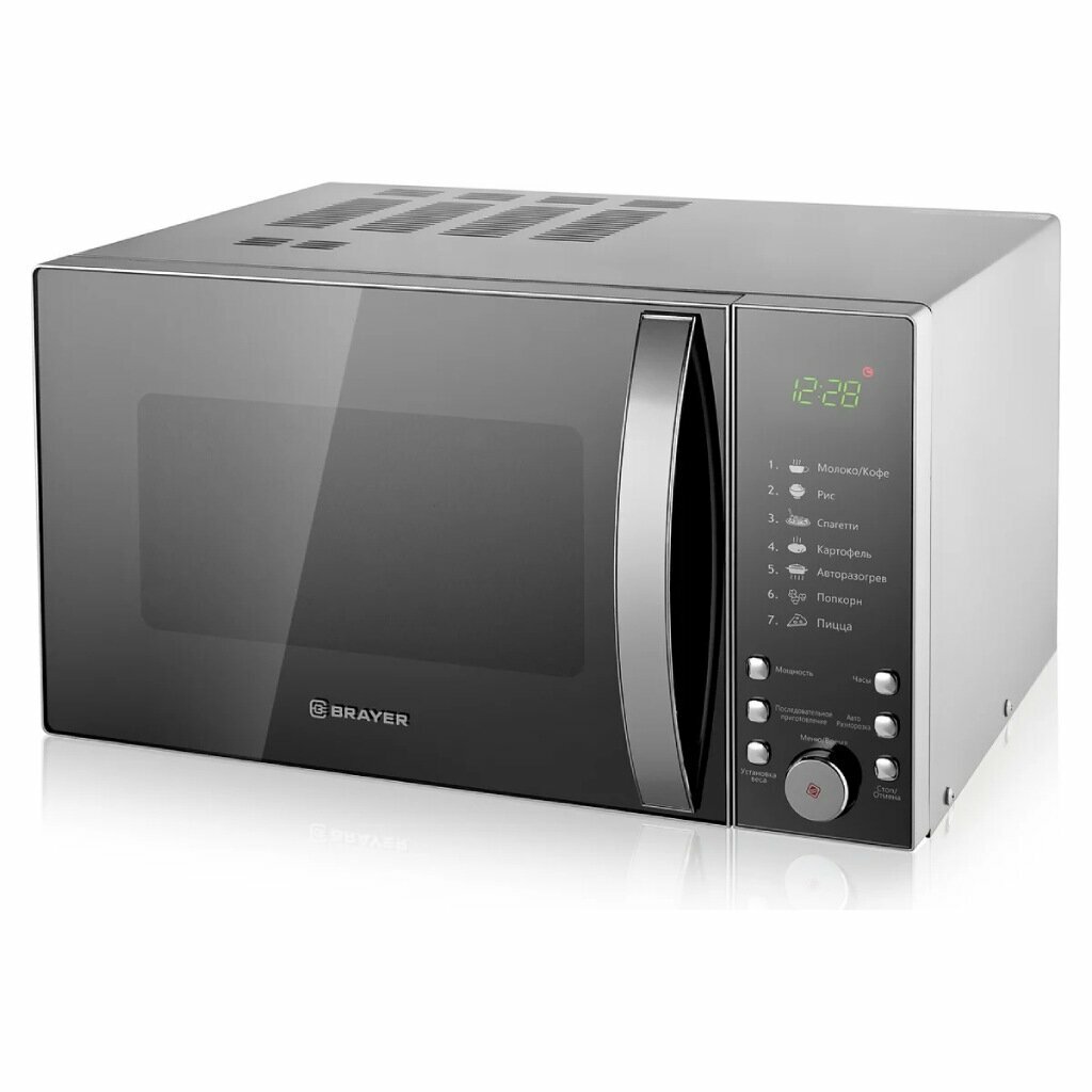 Микроволновая печь Brayer, 2504BR, 25 л, 900 Вт, электронная, 7 уровней мощности, черный с серебром
