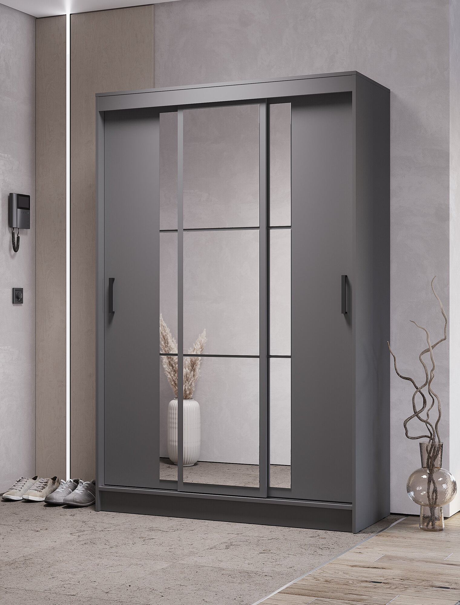 Шкаф-купе Тайм 131 см графит, трехстворчатый шкаф с зеркалом