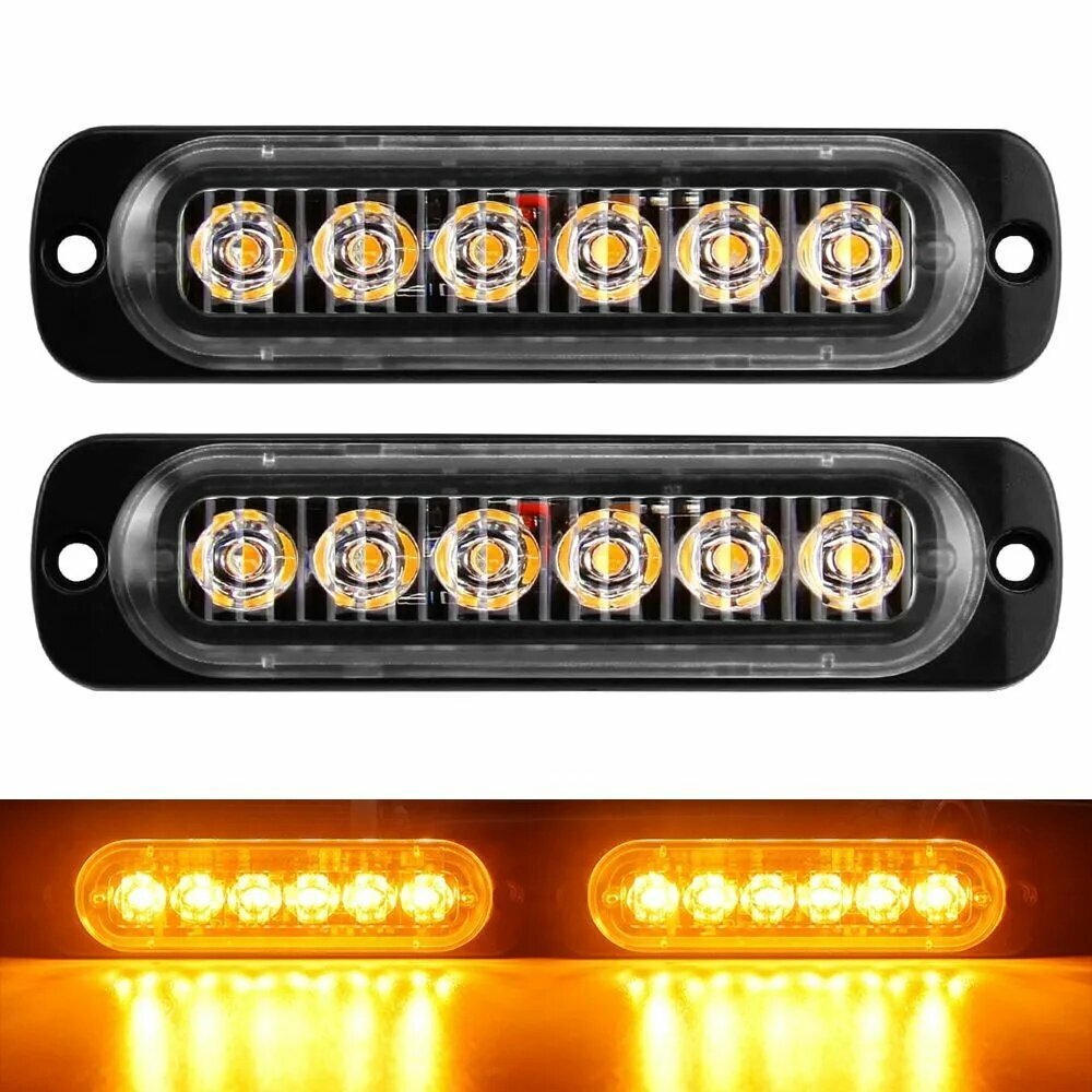 2шт Автомобильный стробоскоп / светодиодная мигалка / 6 светодиодных лампочек для решетки радиатора, 12-24 В желтого цвета