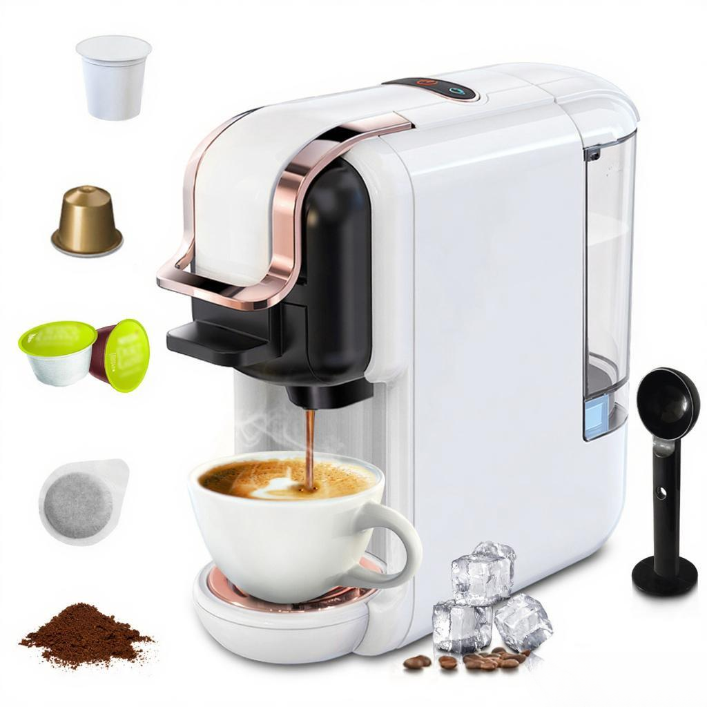 Кофемашина электрическая 5 в 1 с 7 регулируемыми объемами воды 19Bar/ заварка мини кофеварка с съемным баком 600ml/20.3oz для капсул Nes DG, ESE, Kcup и молотого кофе черный/белый EU/US/UK вилка 1450W 220V/110V 110*245*245mm