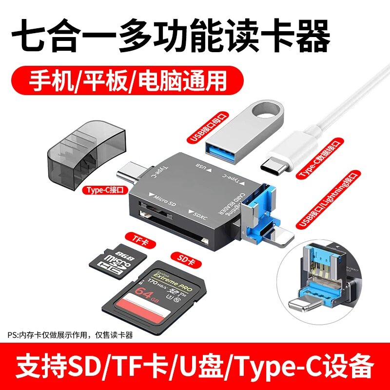 Многофункциональный карт-ридер из цинкового сплава с портами USB-C, Lightning и USB-A для данных SD/TF/USB/Type-C —