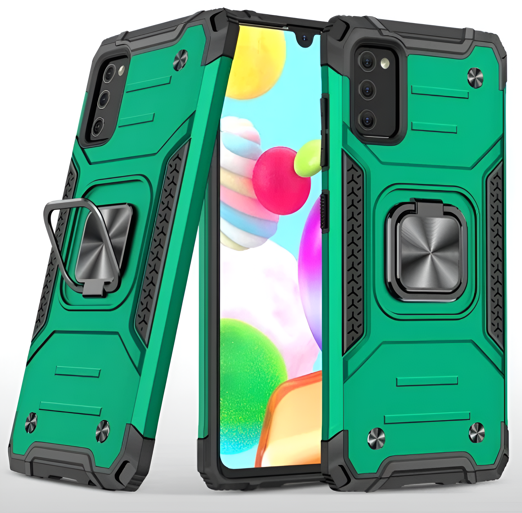 Противоударный чехол для Samsung Galaxy A41 A415 зеленый с пластиной для магнитного автодержателя и кольцом подставкой
