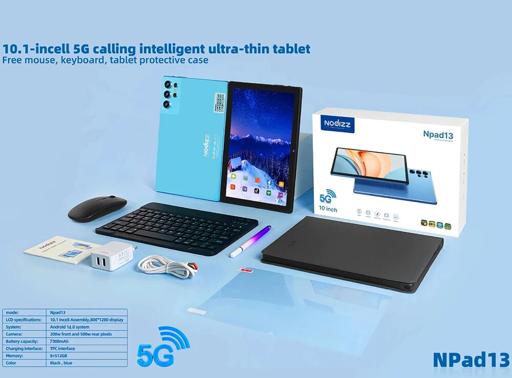 BEESITTO 10-дюймовый планшет Android 14 12/512 ГБ Синий, Синий