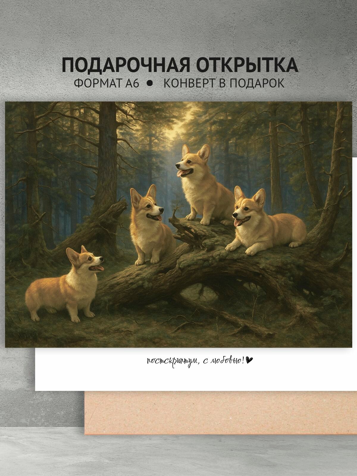 Подарочная открытка с днем рождения, коллекционная открытка с уникальной иллюстрацией "Корги в лесу"