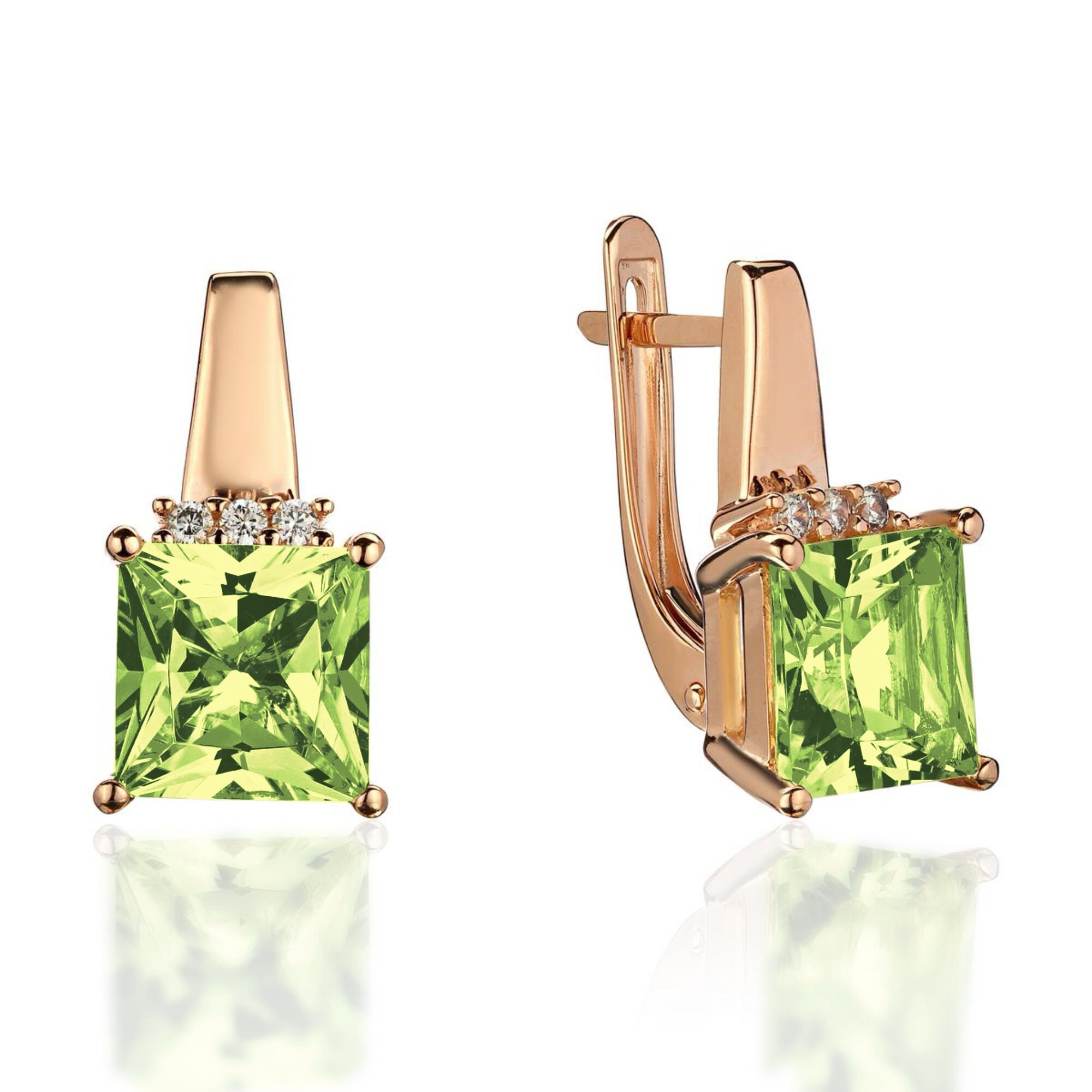 Серьги, красное золото, 585 проба, хризолит, фианит