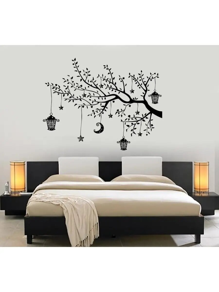 Наклейка на стену для декора Ветвь с луной и фонарями