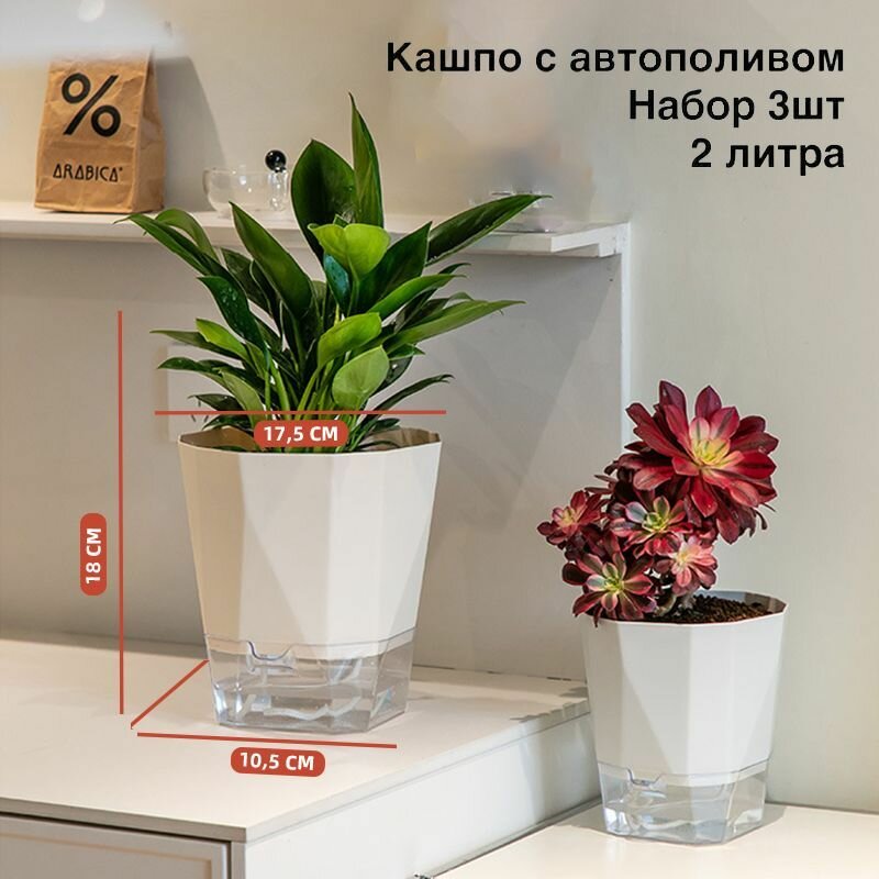 Кашпо с автополивом, фитильный полив,2 л, набор 3 штуки, белый