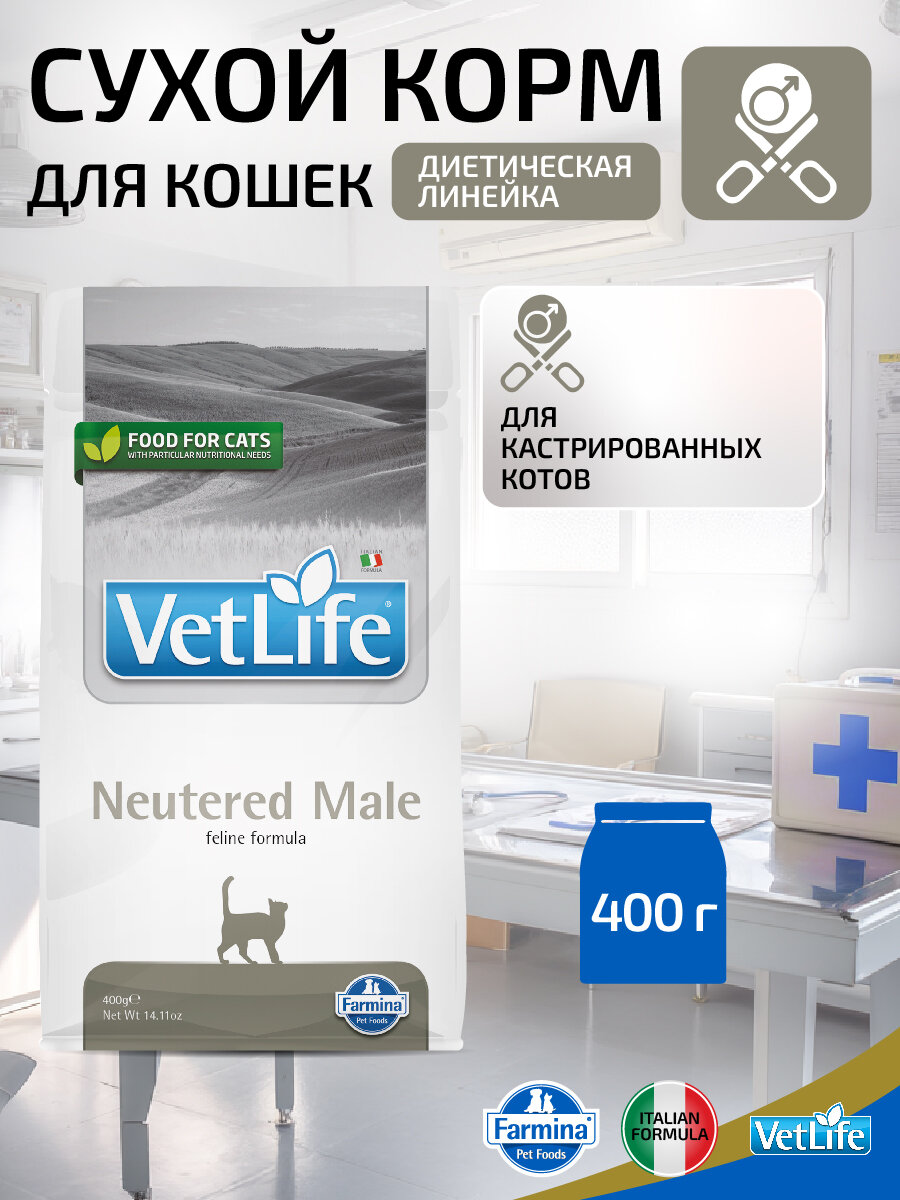 Сухой диетический корм для кастрированных котов Farmina Vet Life Neutered Male, курица, 400 г
