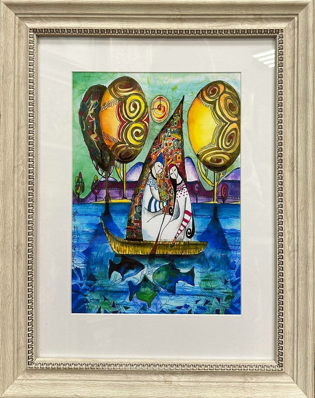 Картина акварелью, абстракция "Пара на озере", 48х38 см. Автор Димитрова Яна