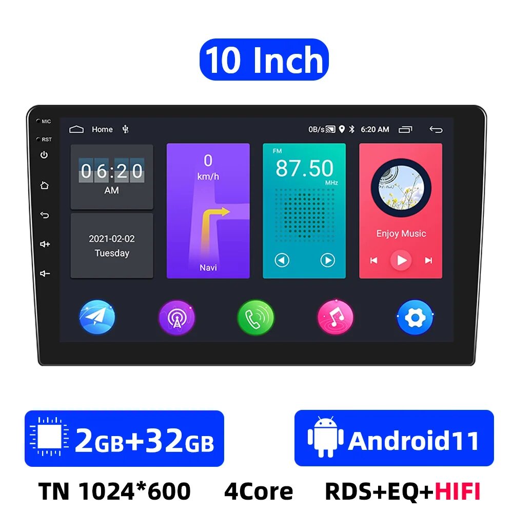 Автомагнитола Podofo, мультимедийный плеер на Android 11, с 7 "экраном 9" 10 ", GPS, для Volkswagen, Nissan, Kia, Toyota, типоразмер 2DIN, 10Inch 2 32G