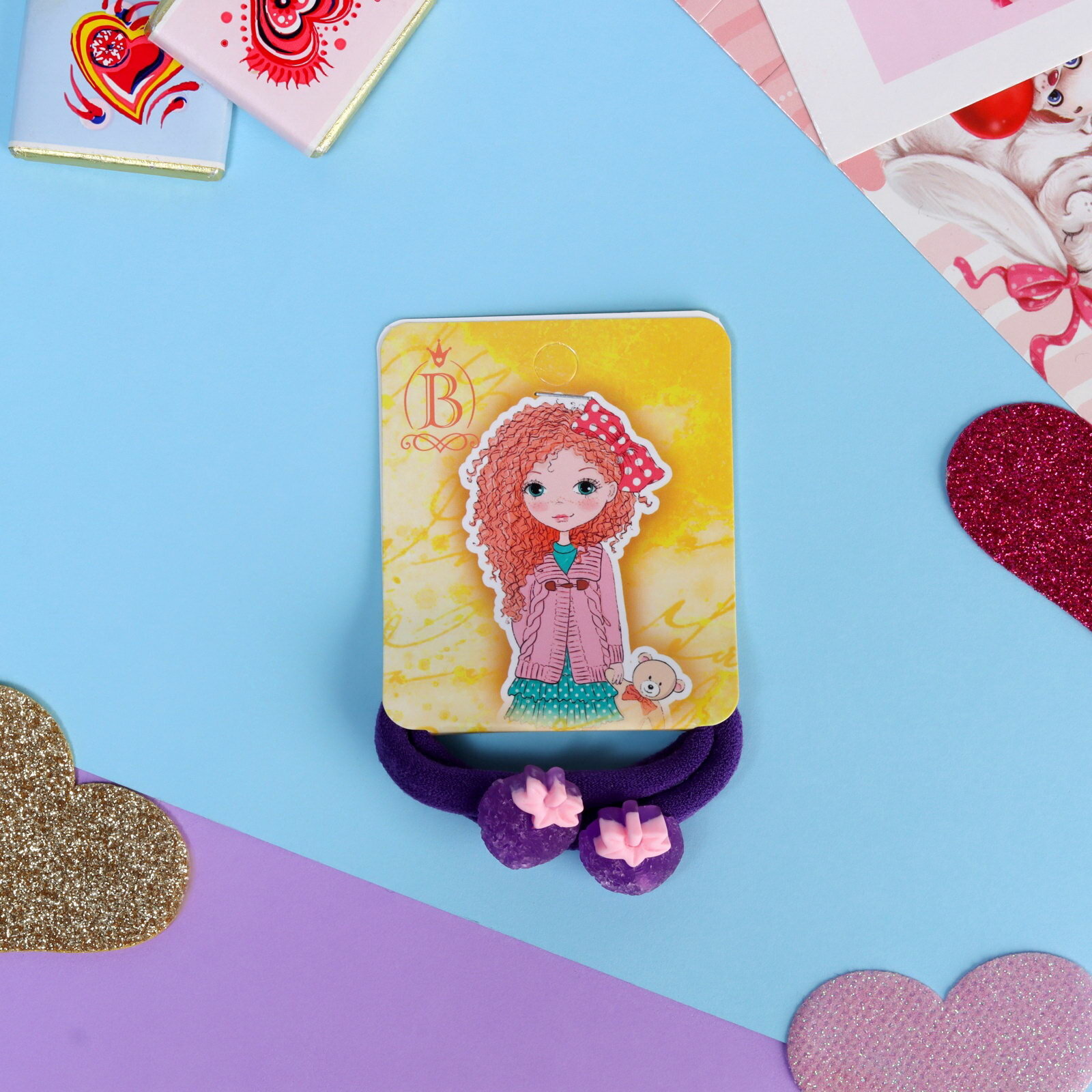 Резинки для волос "Маленькая радость", набор 2 шт, клубничка, 3.5 см, фиолетовые, 6 шт.