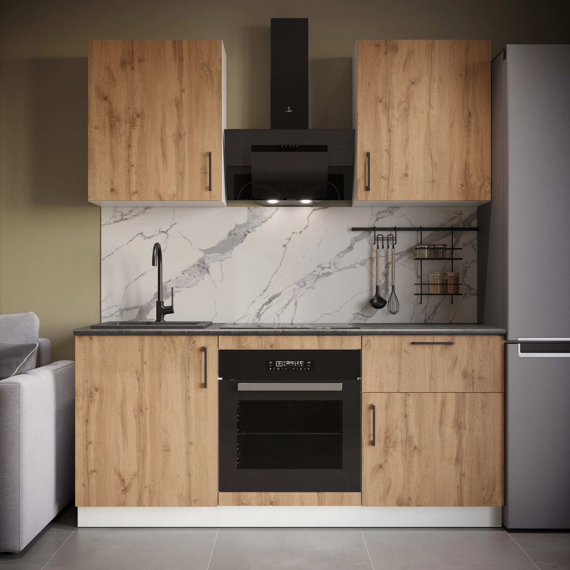 Кухонный гарнитур Domaci Болонья 180 см, фасад дуб вотан, ручка черная, столешница луна KUH-767493