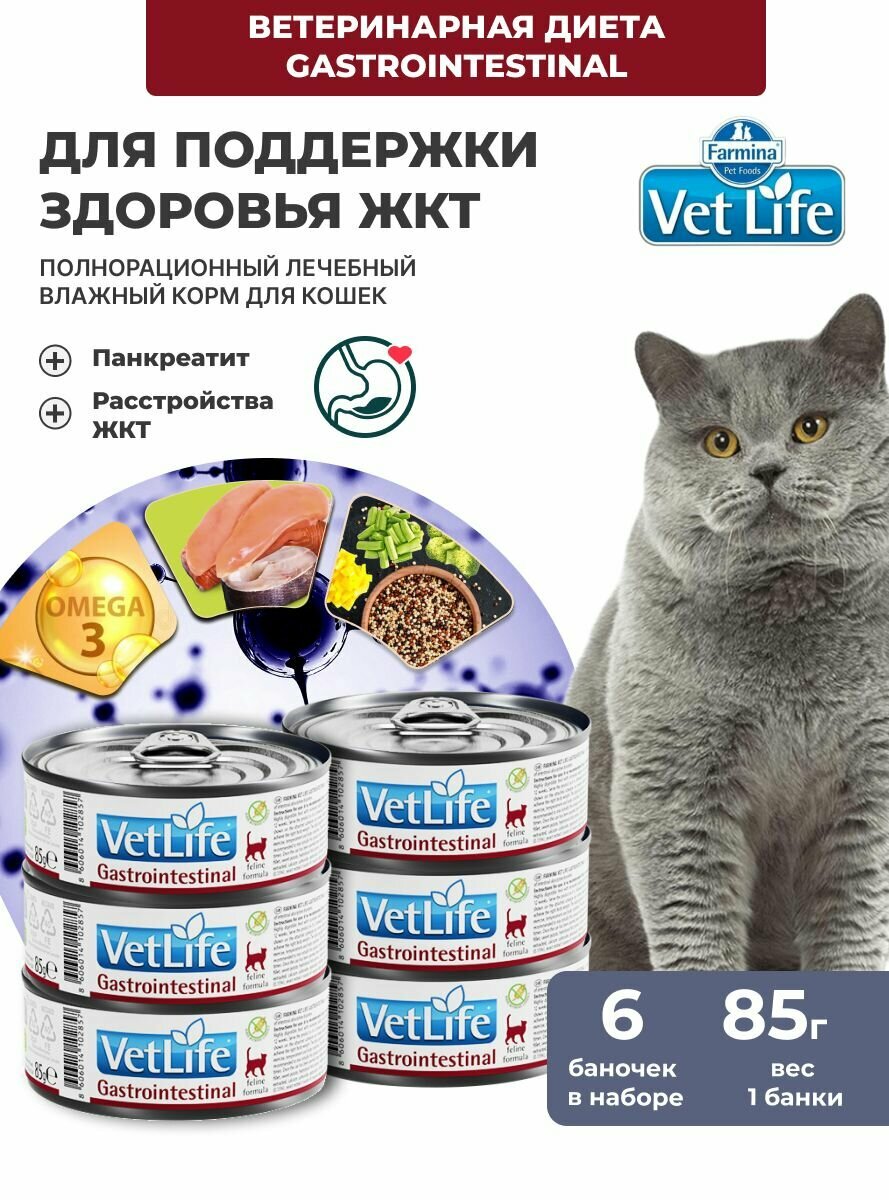 Vet Life При болезнях ЖКТ Для кошек 6 шт х 85гр Gastrointestinal Влажный диетический корм farmina вет лайф Гастроинтестинал