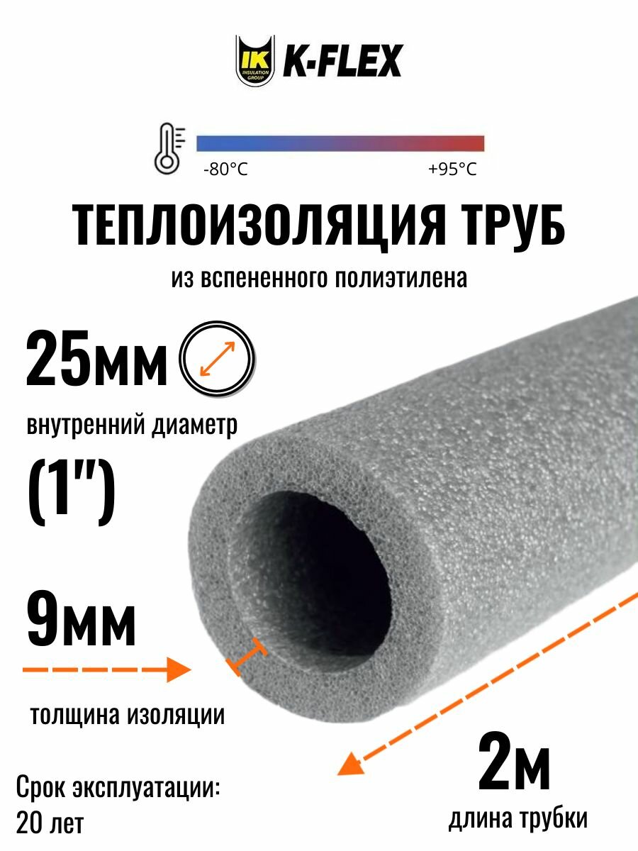 Теплоизоляция для труб диаметром 25 мм, модель K-FLEX PE 09x025-2