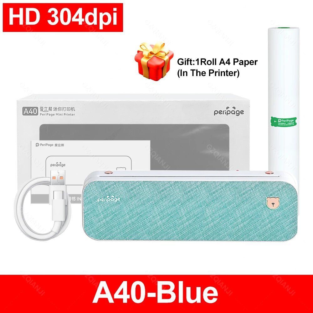 Мобильный принтер GZQIANJI PeriPage A4 304DPI A40 Blue
