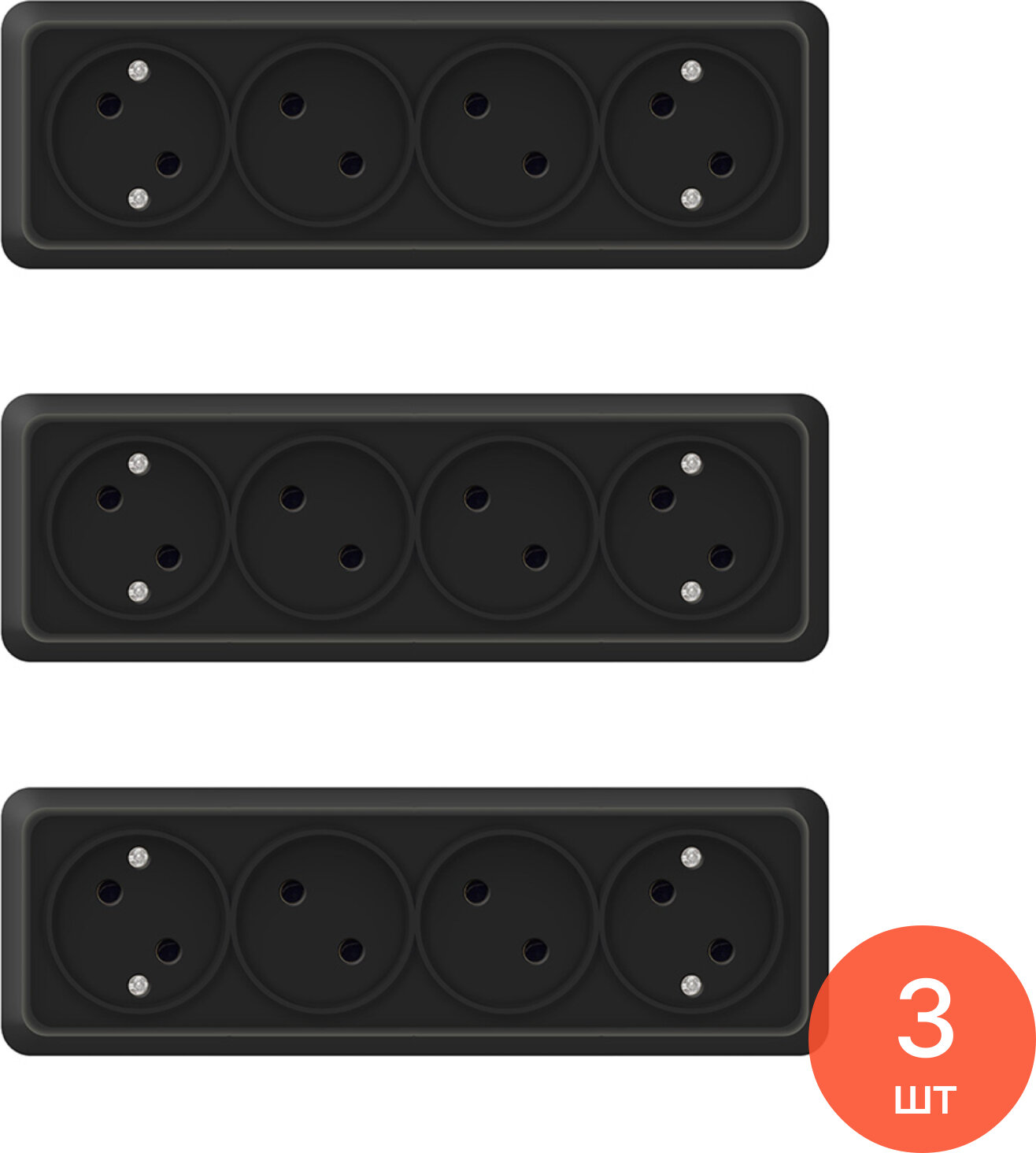 Розетка силовая штепсельная UNIVersal / Юниверсал Олимп 16А 220В ОП черная, 4-местная без заземляющих контактов, 2219 / электрооборудование (комплект из 3 шт)