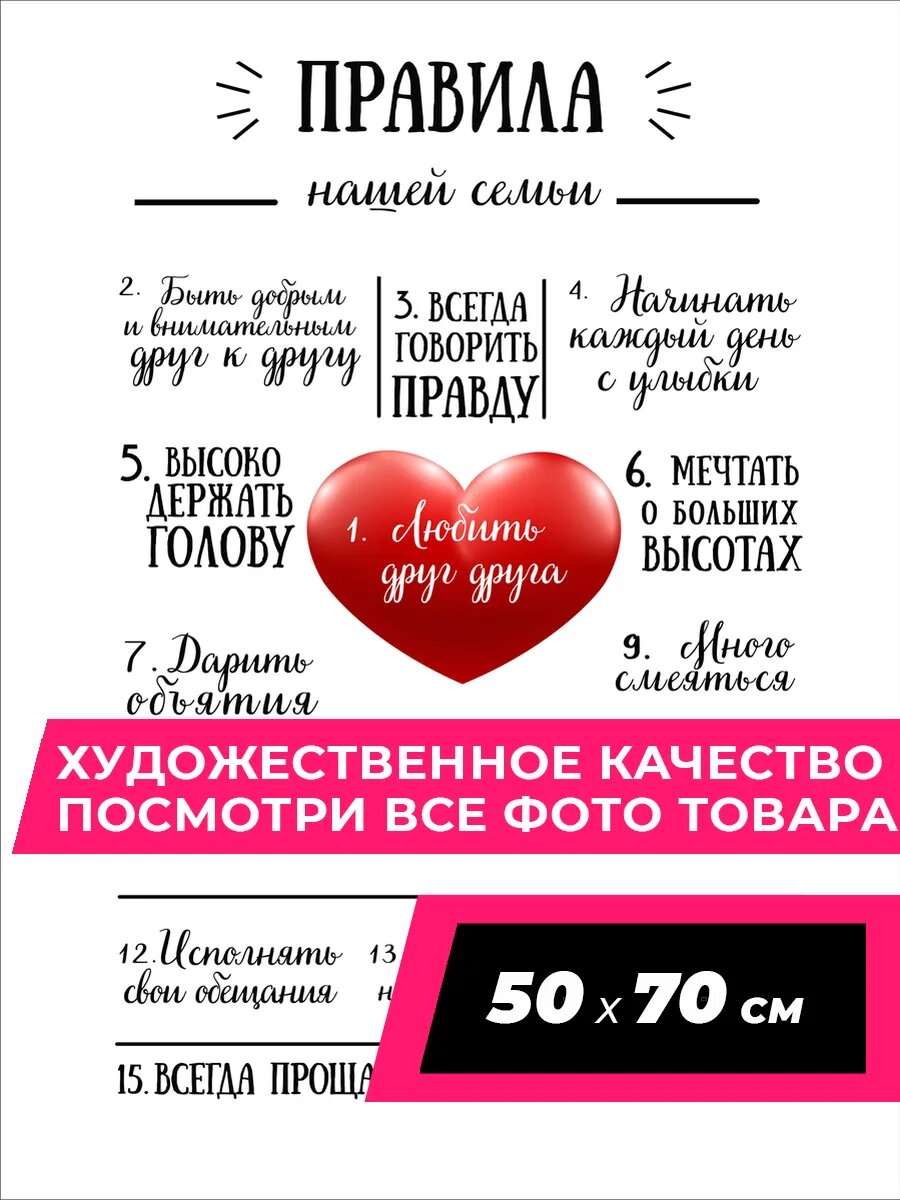 Постер Правила нашей семьи на стену размер 50 на 70, матовая фотобумага премиум качества