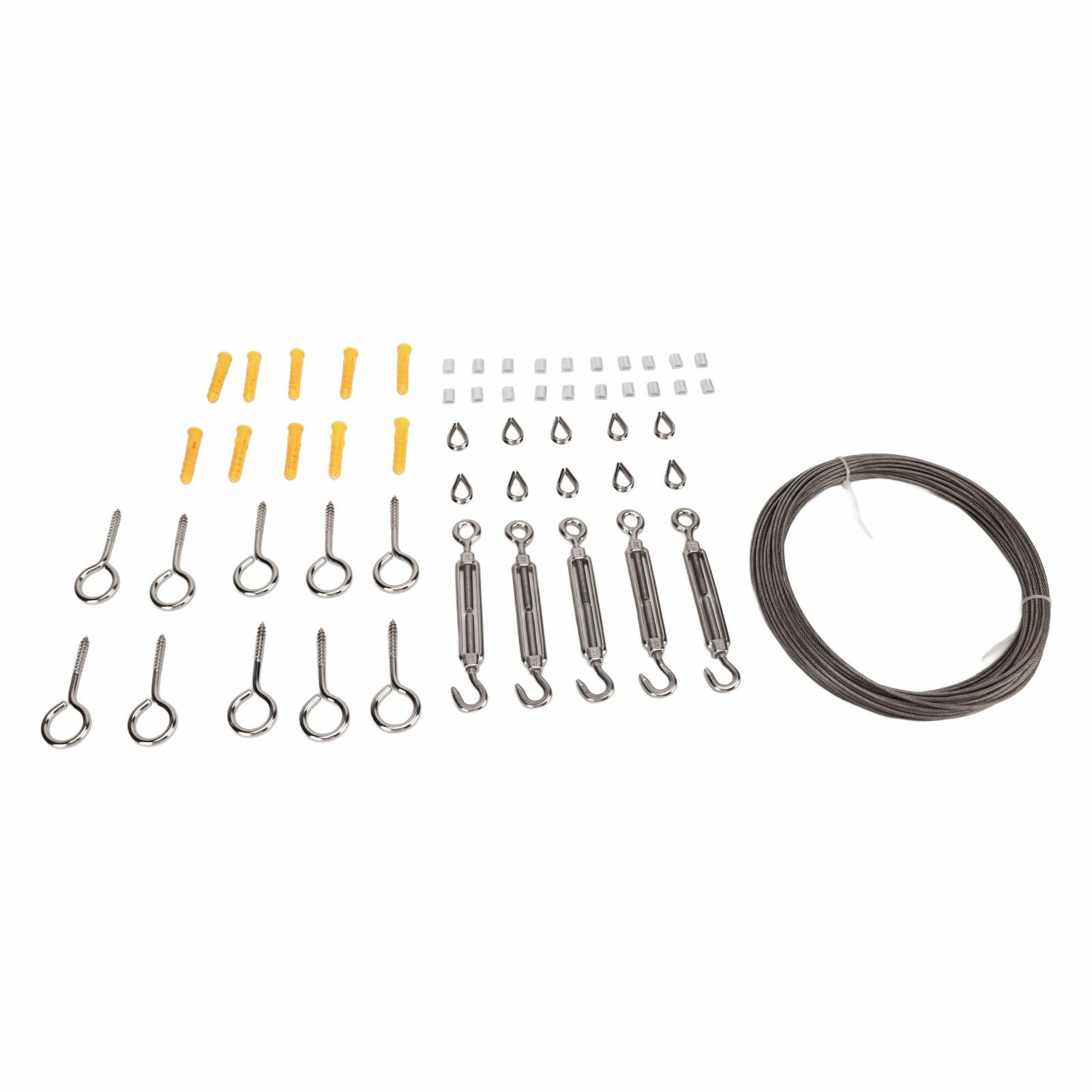 15 м из нержавеющей стали с ПВХ-покрытием, комплект для подвешивания троса с проушиной, винт, алюминиевая обжимная втулка, набор наперстков для троса