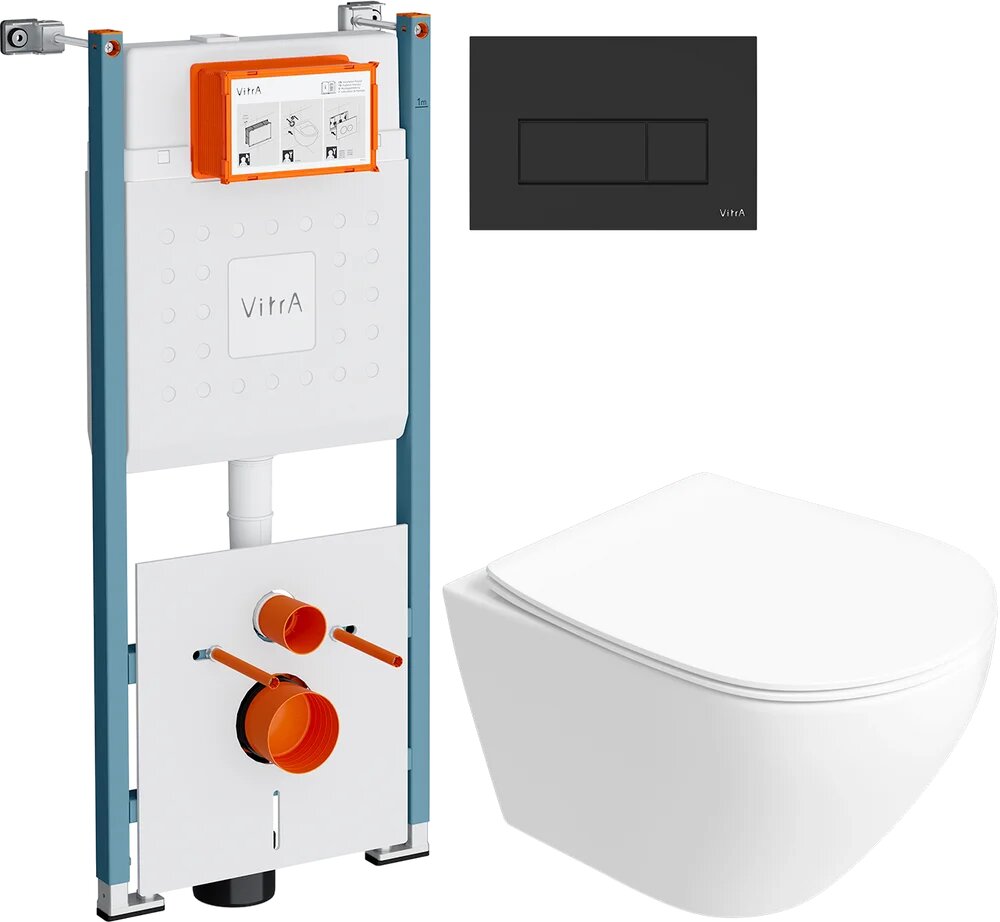 Комплект 6 в 1: Инсталляция VitrA V-Fix Core 732-5800-01PV / Унитаз подвесной Кронборг S28401WH безободковый / Сиденье с микролифтом, Кнопка Root Square черная матовая, Комплект шумоизоляции, креплений