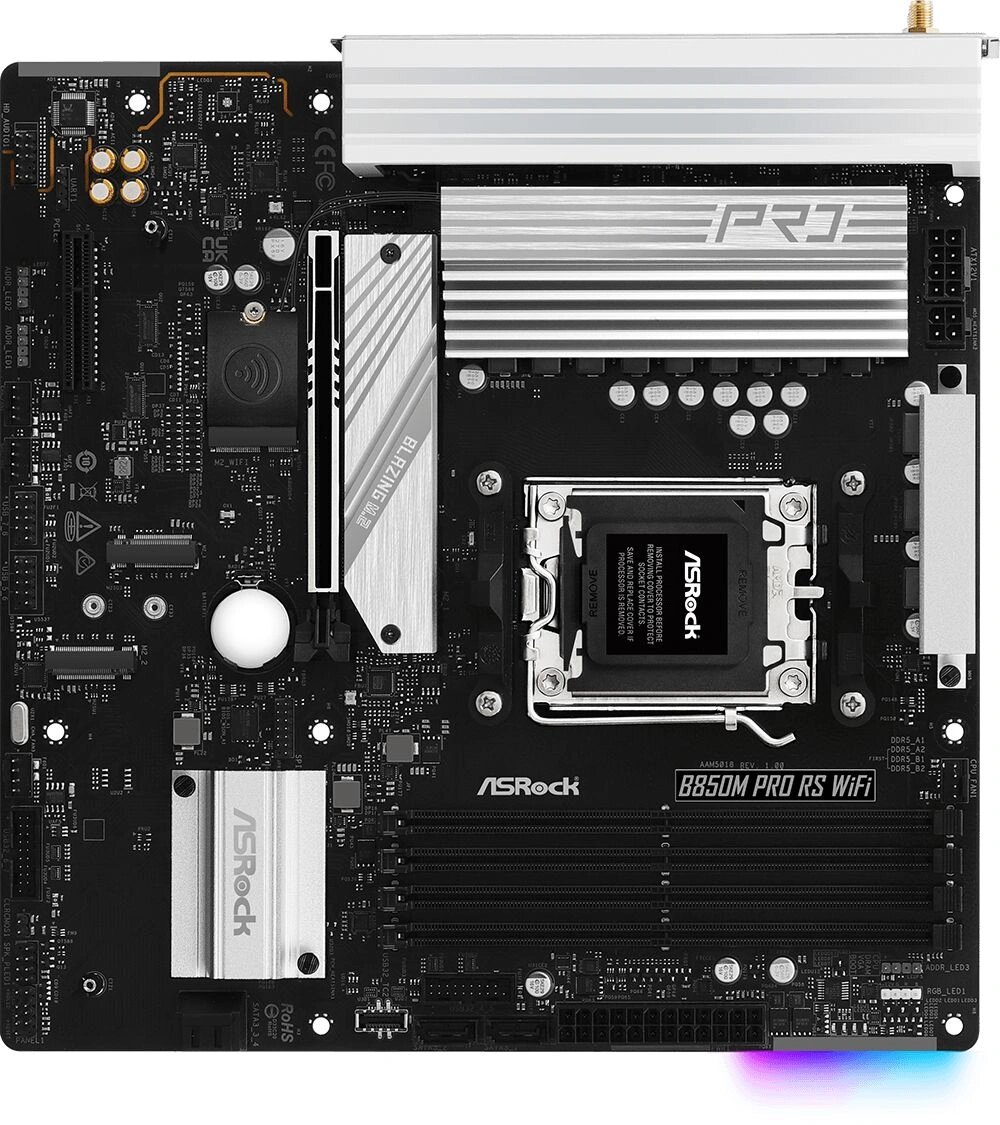 Материнская плата Asrock B850M PRO RS WIFI Socket AM5 AMD B850 4xDDR5 mATX AC`97 8ch(7.1) 2.5Gg RAID+HDMI+DP