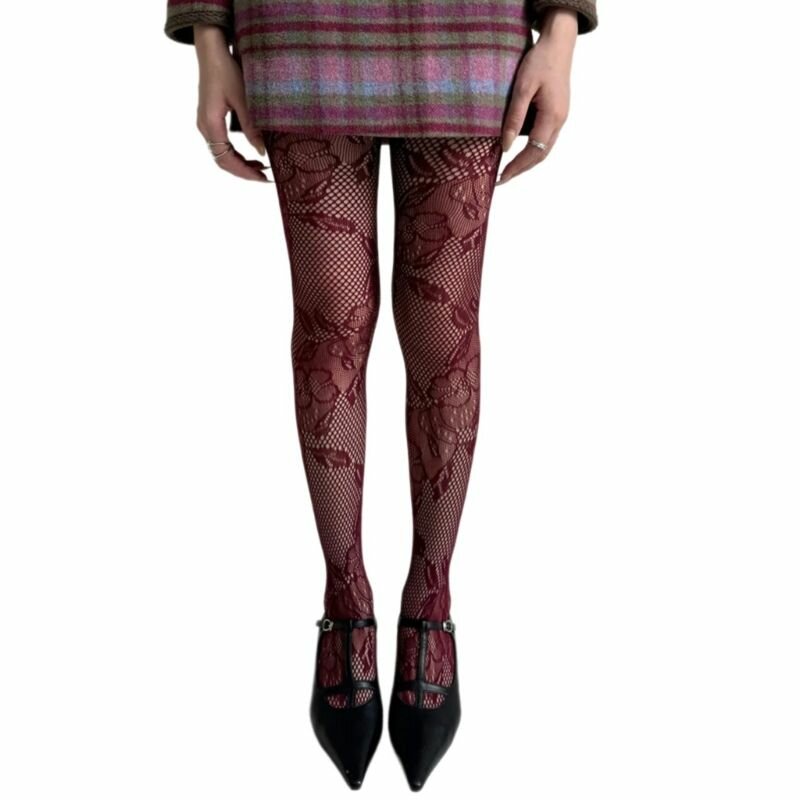 Кружевные сетчатые чулки с полыми цветочными ткаными колготками-красный